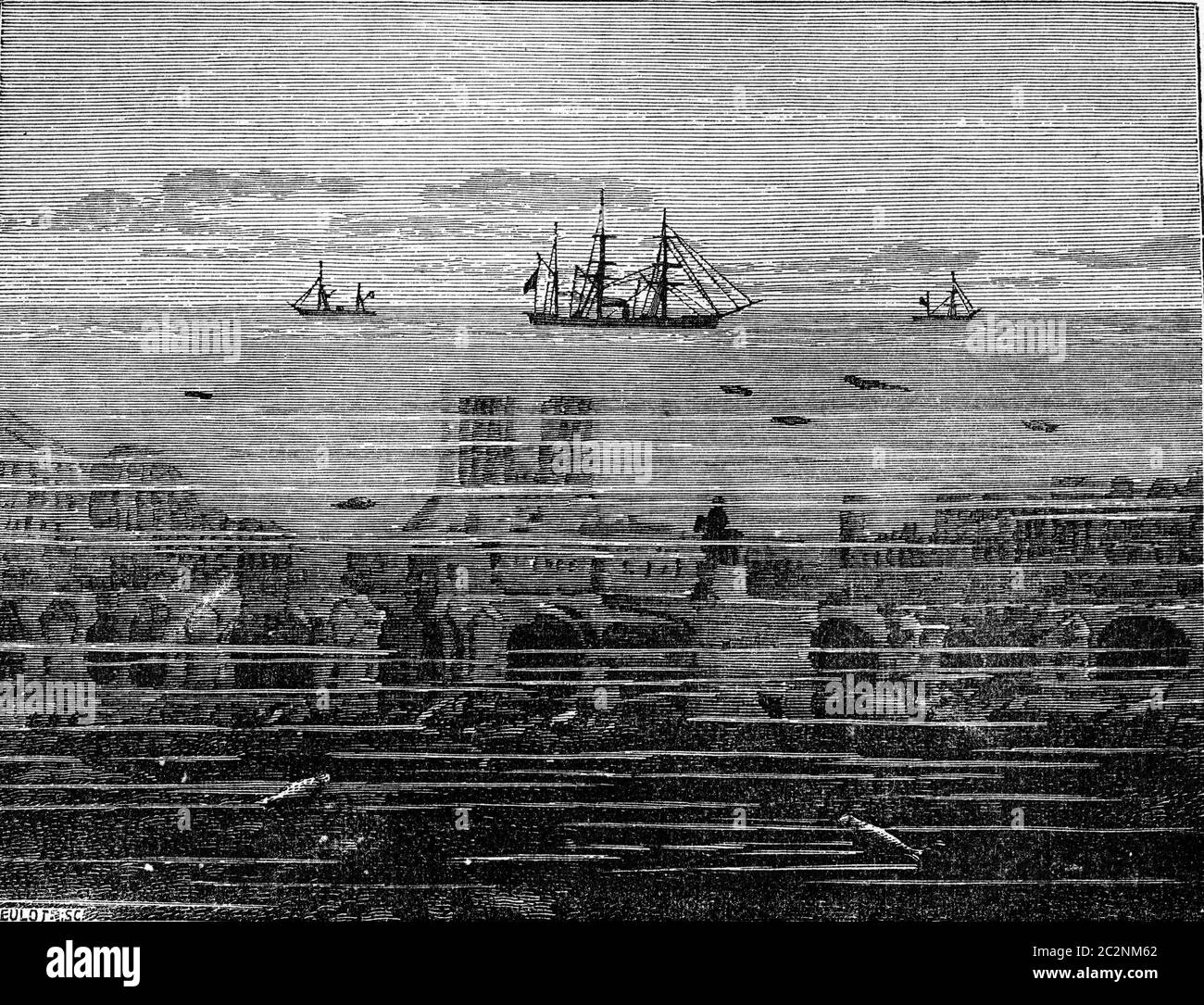 Paris under water, vintage engraved illustration. Earth before man ...