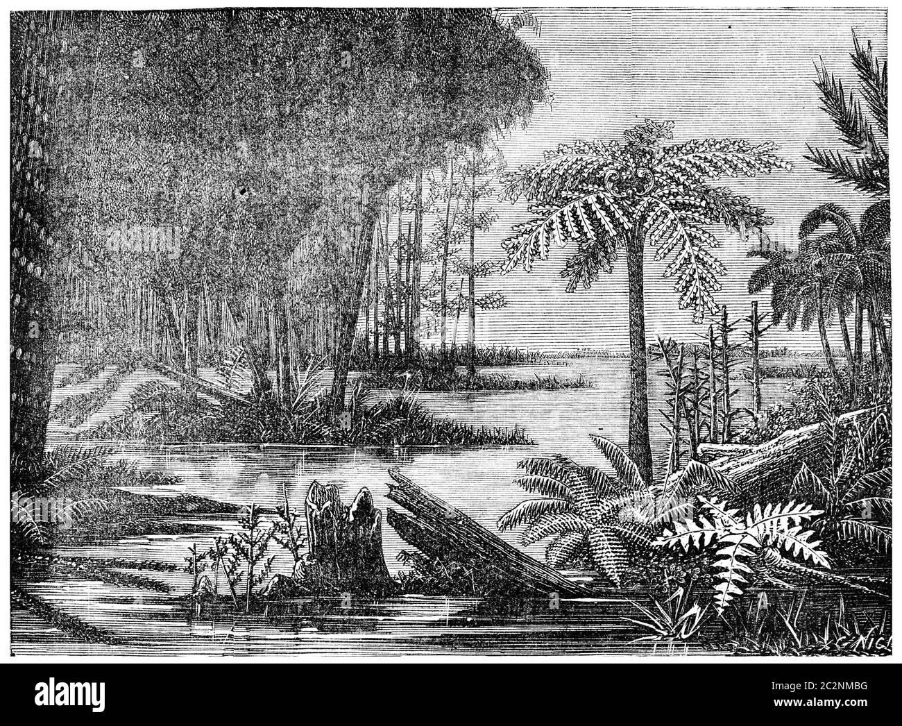 A landscape of the coal era, vintage engraved illustration. Earth ...