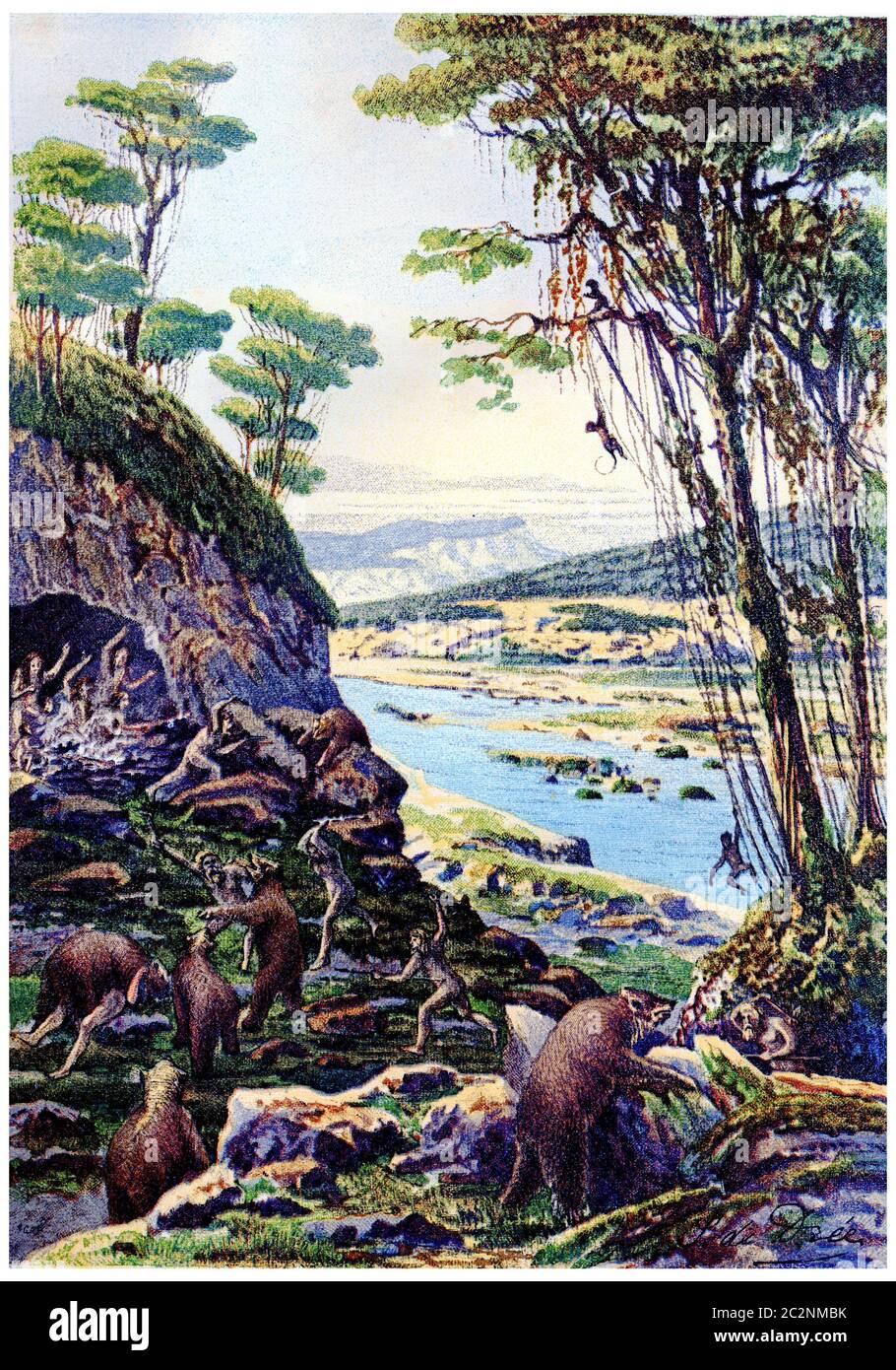 The first age of humanity, Period of the cave bear, vintage engraved ...