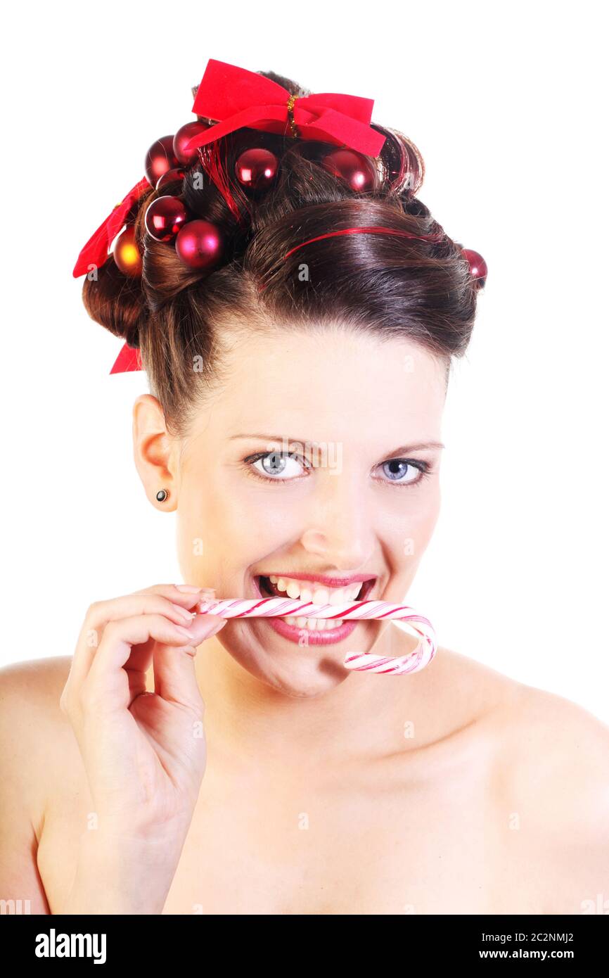Christmas Lady With A Candy Cane Isolated On White Stock Photo - Alamy