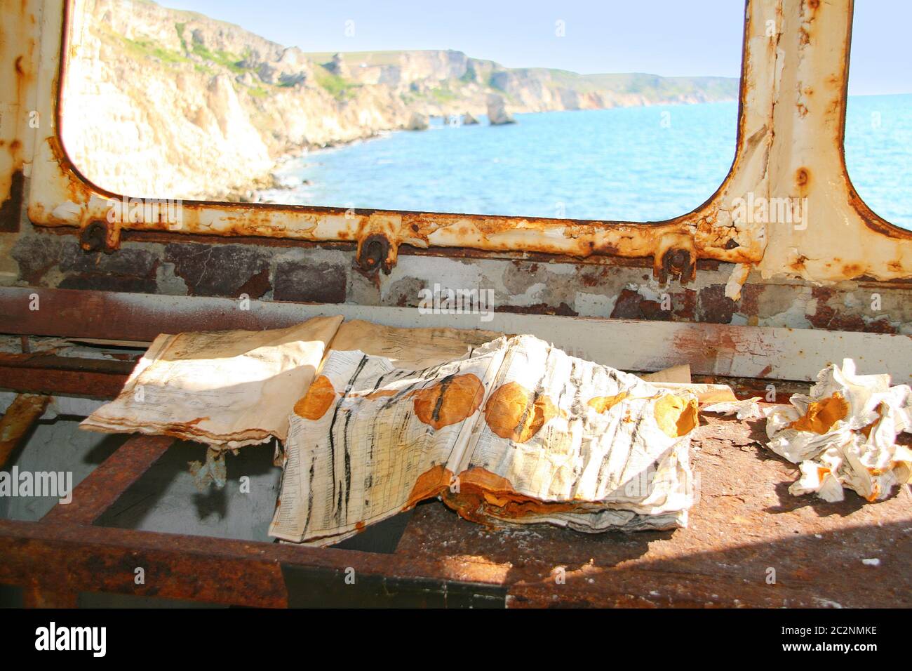 Shipwreck. Old logbook in rusty damaged ship Stock Photo - Alamy