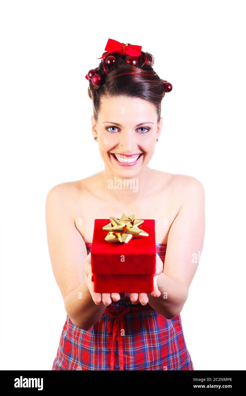 Christmas Lady With A Gift Isolated On White Stock Photo - Alamy