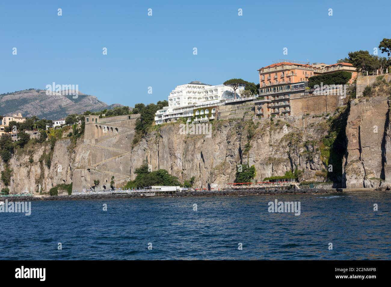 View of houses and hotels on the cliffs in Sorrento. Gulf of Naples ...