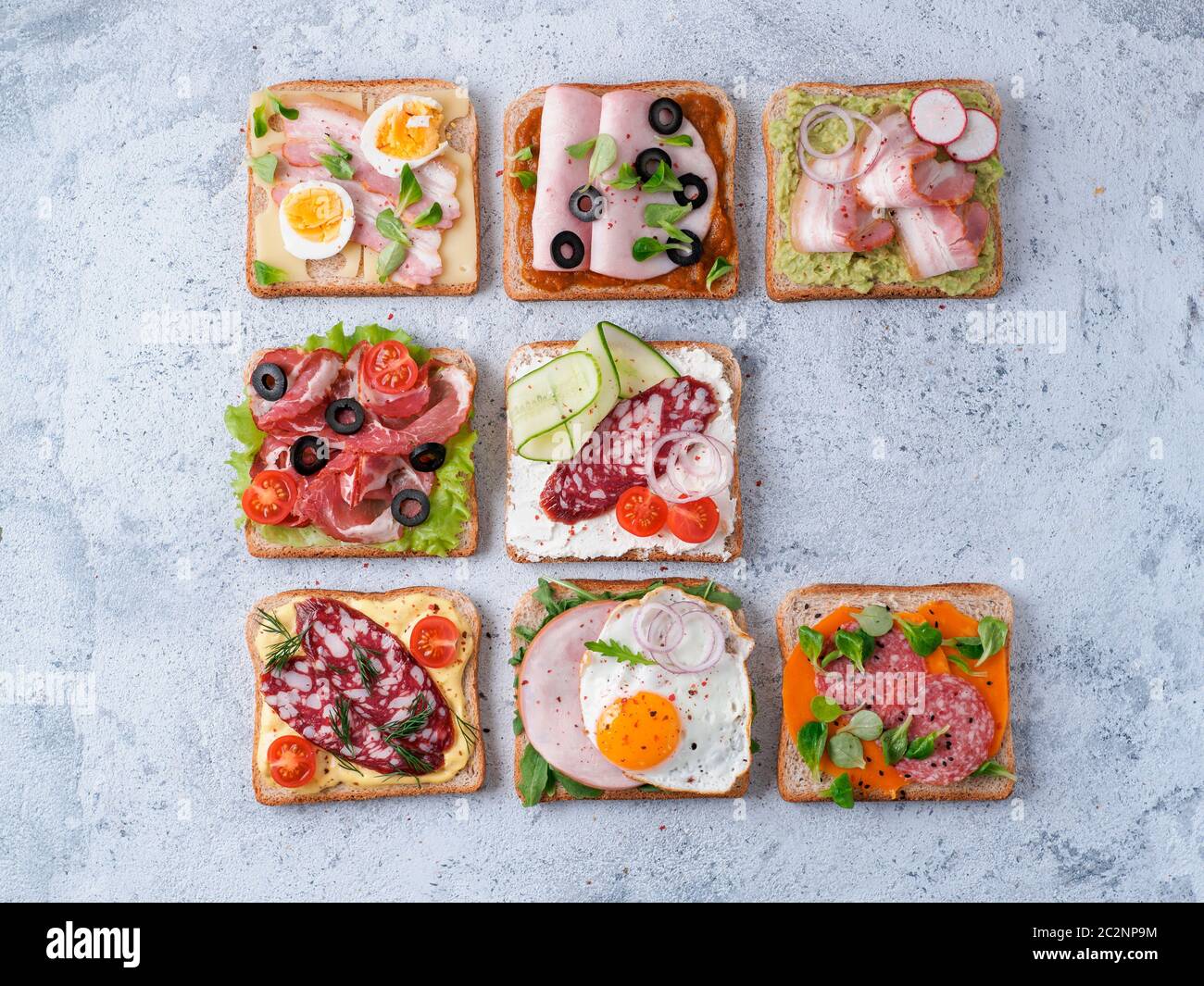 Set of eight different sandwiches with meat in square shape, copy space ...