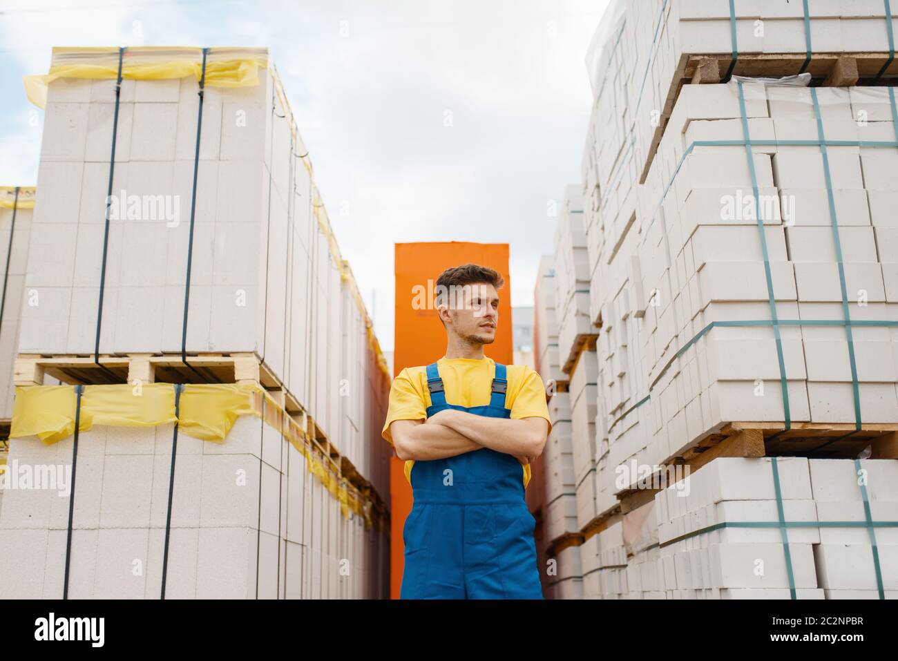 Male builder between big pallets of building materials in hardware ...