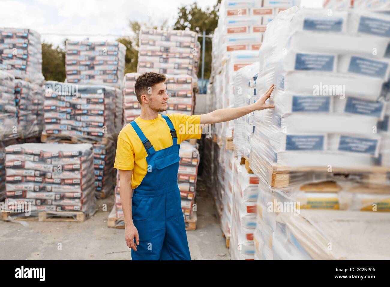 Male builder at the pallets of building materials in hardware store ...