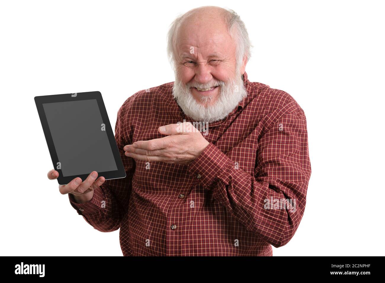 Funny old man using tablet computer isolated on white Stock Photo - Alamy