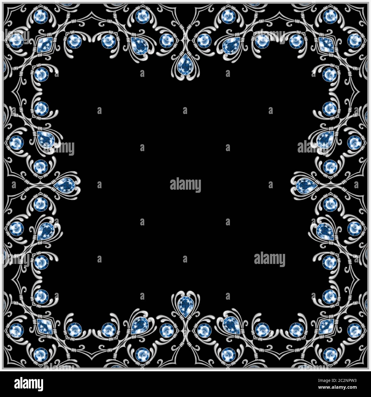 Vintage silver background with blue gems, square jewelry frame with ...