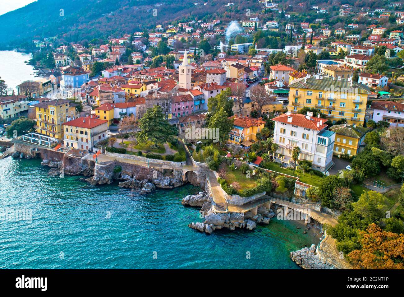 Town of Lovran and Lungomare sea walkway aerial view, Kvarner bay of ...