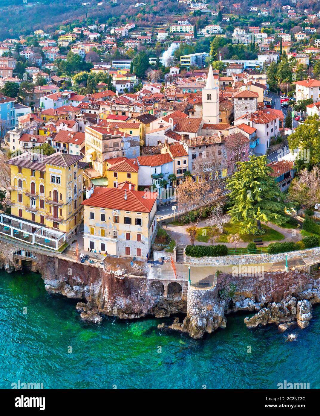 Town of Lovran and Lungomare sea walkway aerial panoramic view, Kvarner ...