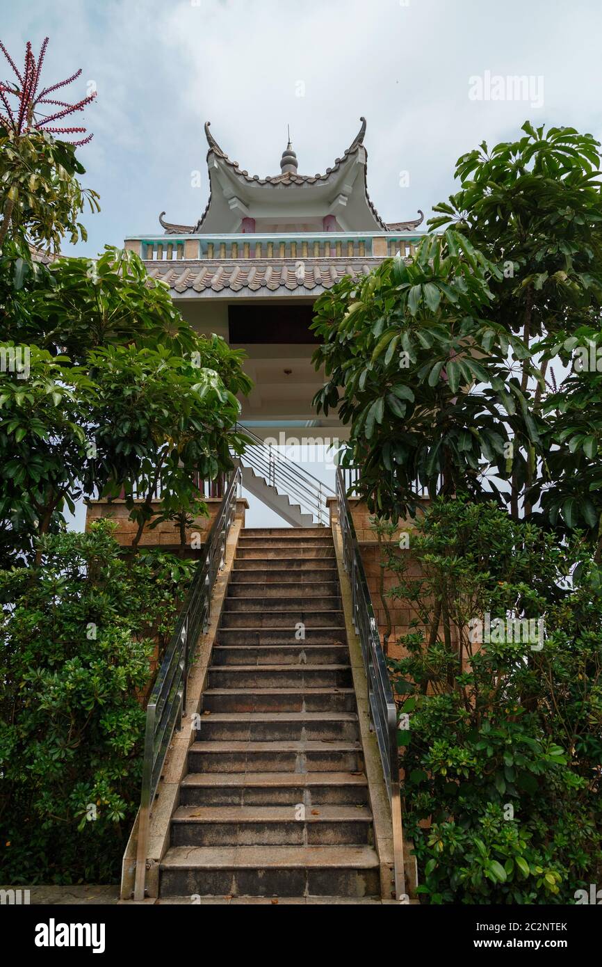 Stone stairs leading to the pagoda on the mountain, China, Shenzhen ...
