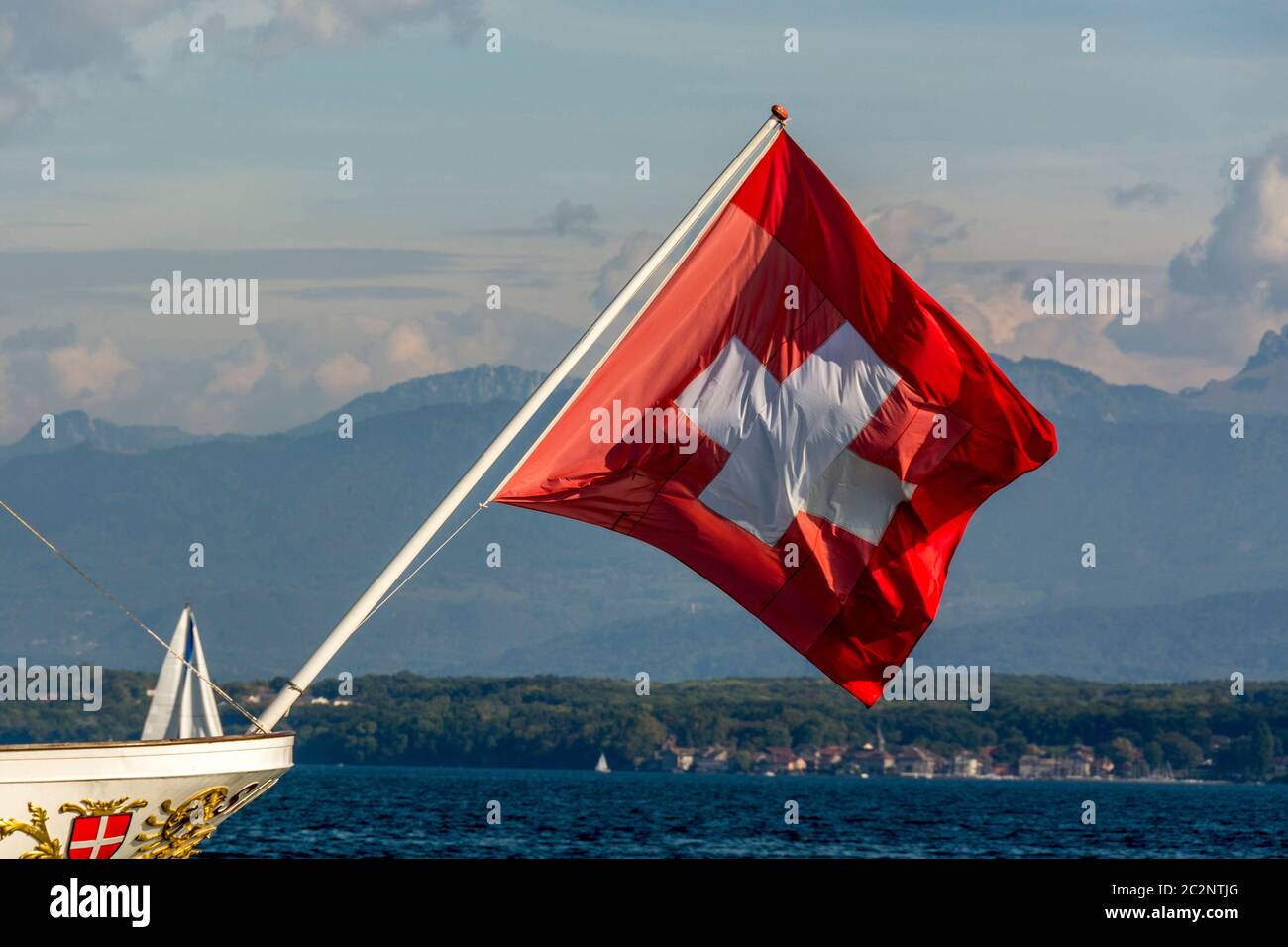 Swiss flag floating on Paddle Steamer, Lake Geneva, Switzerland Stock ...