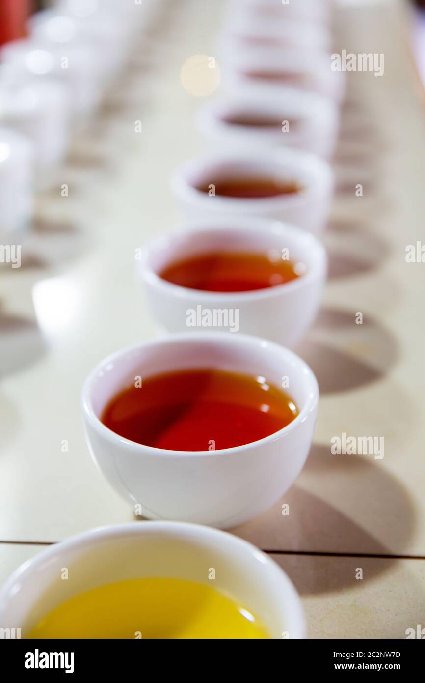 Ceylon tea degustation cups closeup view, tourist excursion on Sri ...