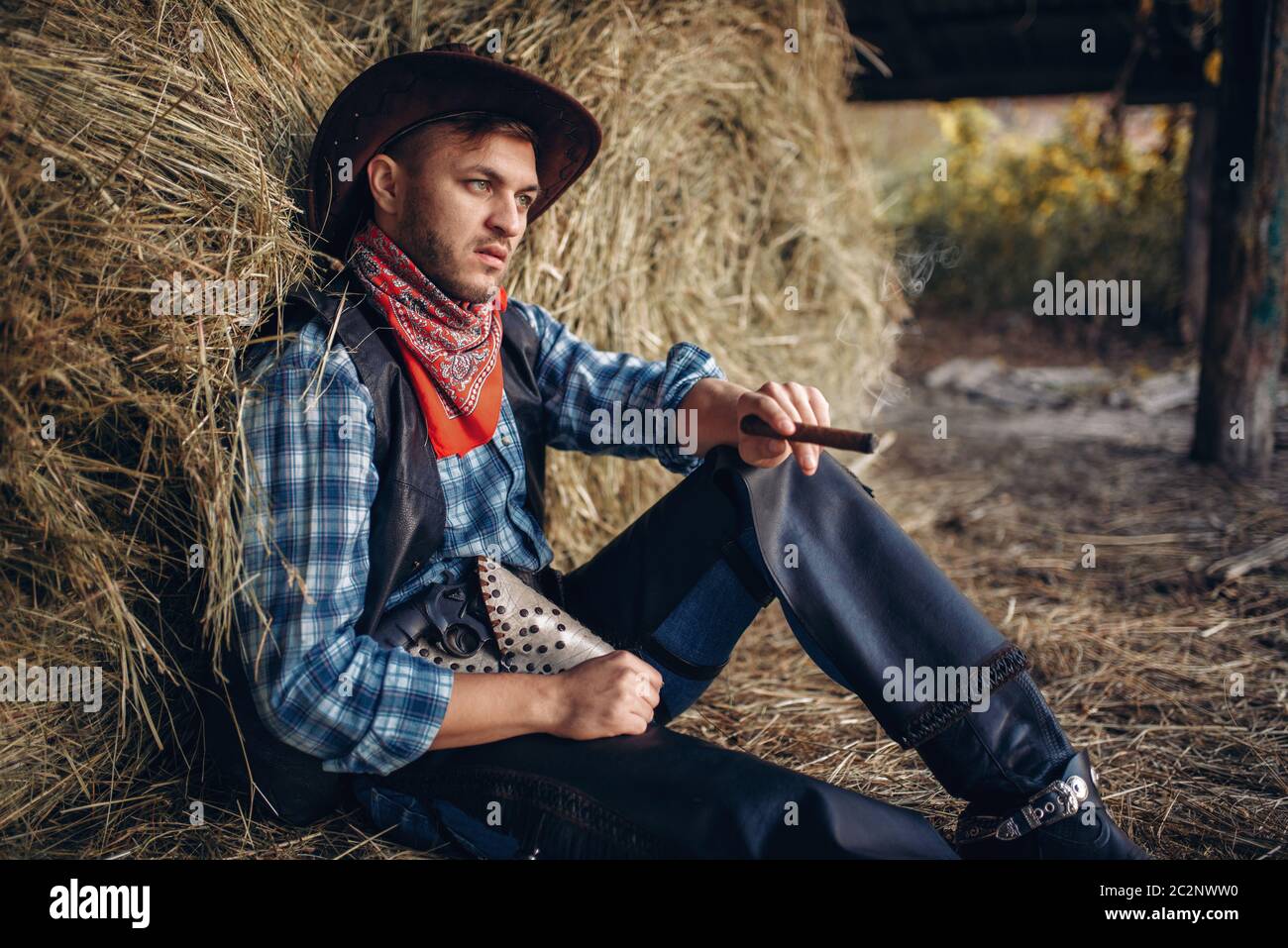 Brutal cowboy relax with cigar, haystack on background, western ...