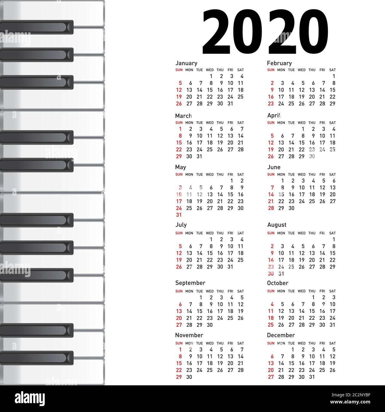 New calendar 2020 with a musical background piano keys Stock Photo - Alamy