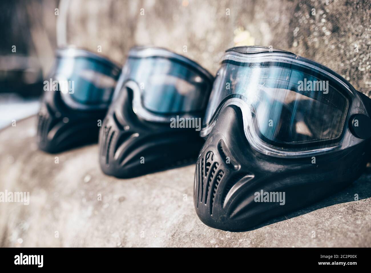 Paintball masks with glasses closeup, nobody. Extreme game protection ...