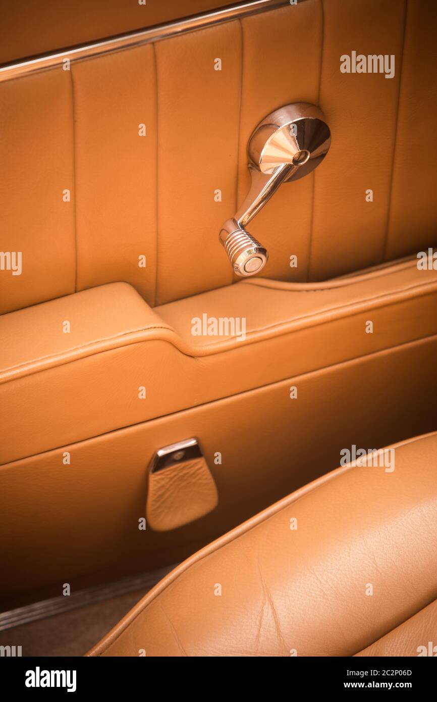 Interior closeup of window crank of vintage car Stock Photo - Alamy