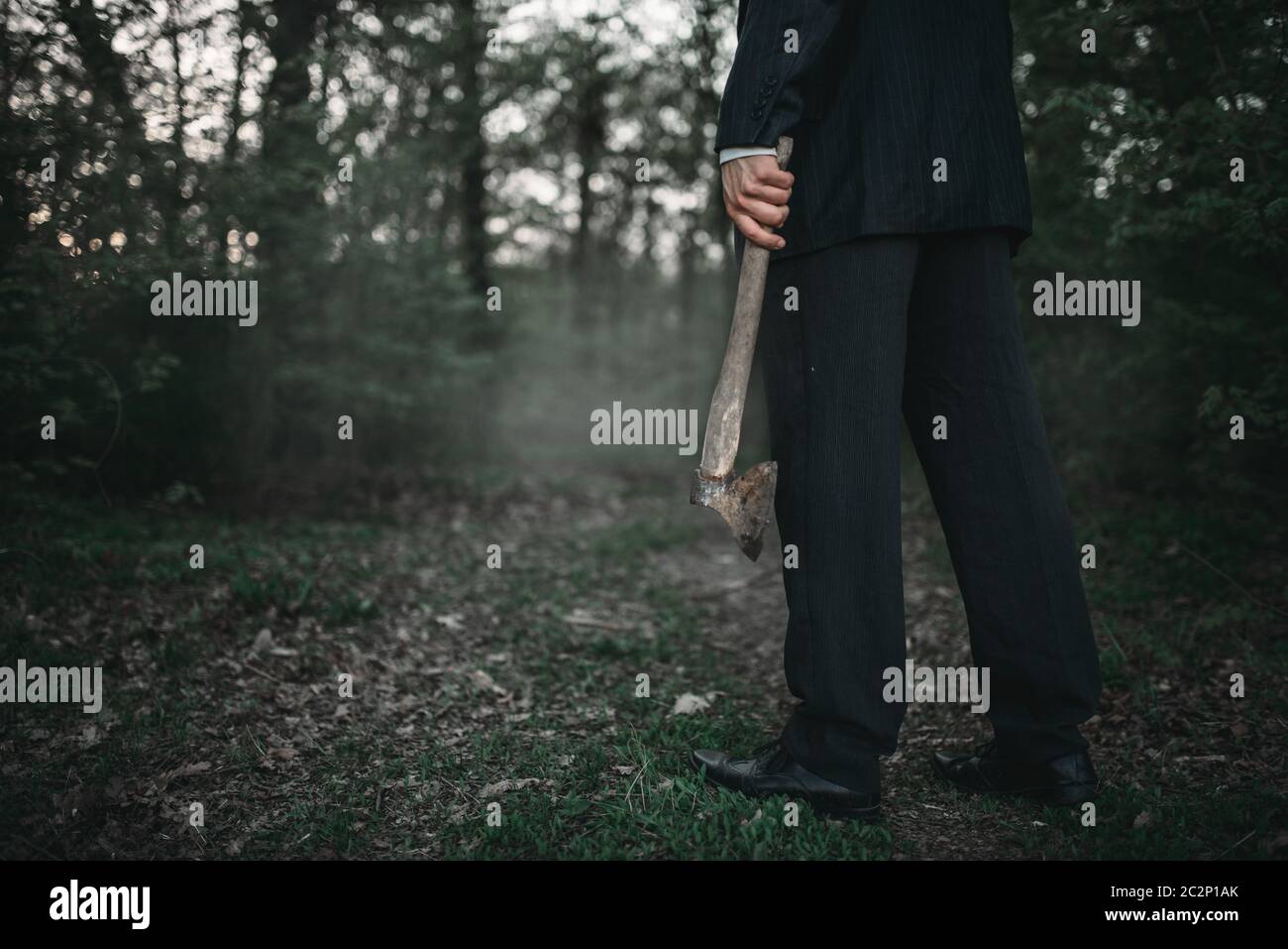 Murderer with an axe in the night forest, serial maniac concept, crime ...