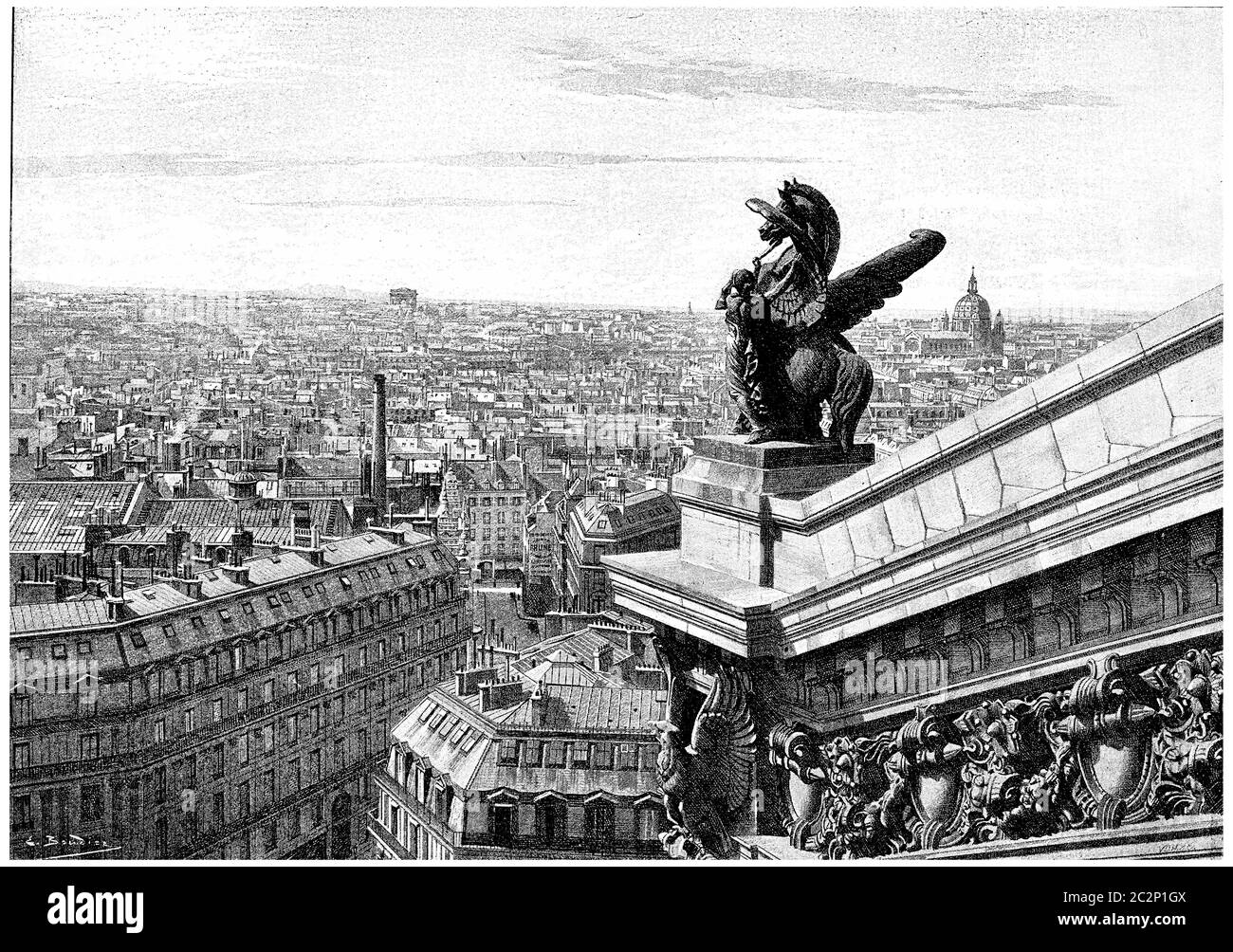 View west of Paris, taken from the top of the opera, vintage engraved ...