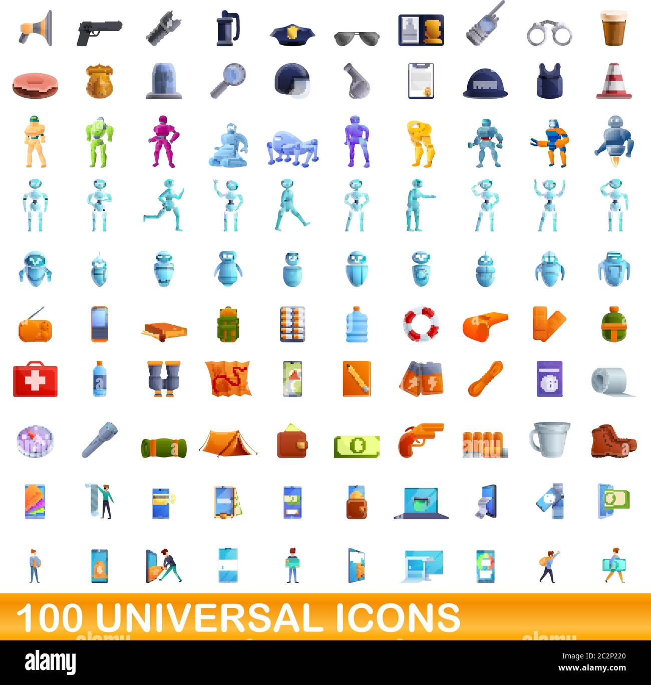 100 universal icons set. Cartoon illustration of 100 universal icons ...