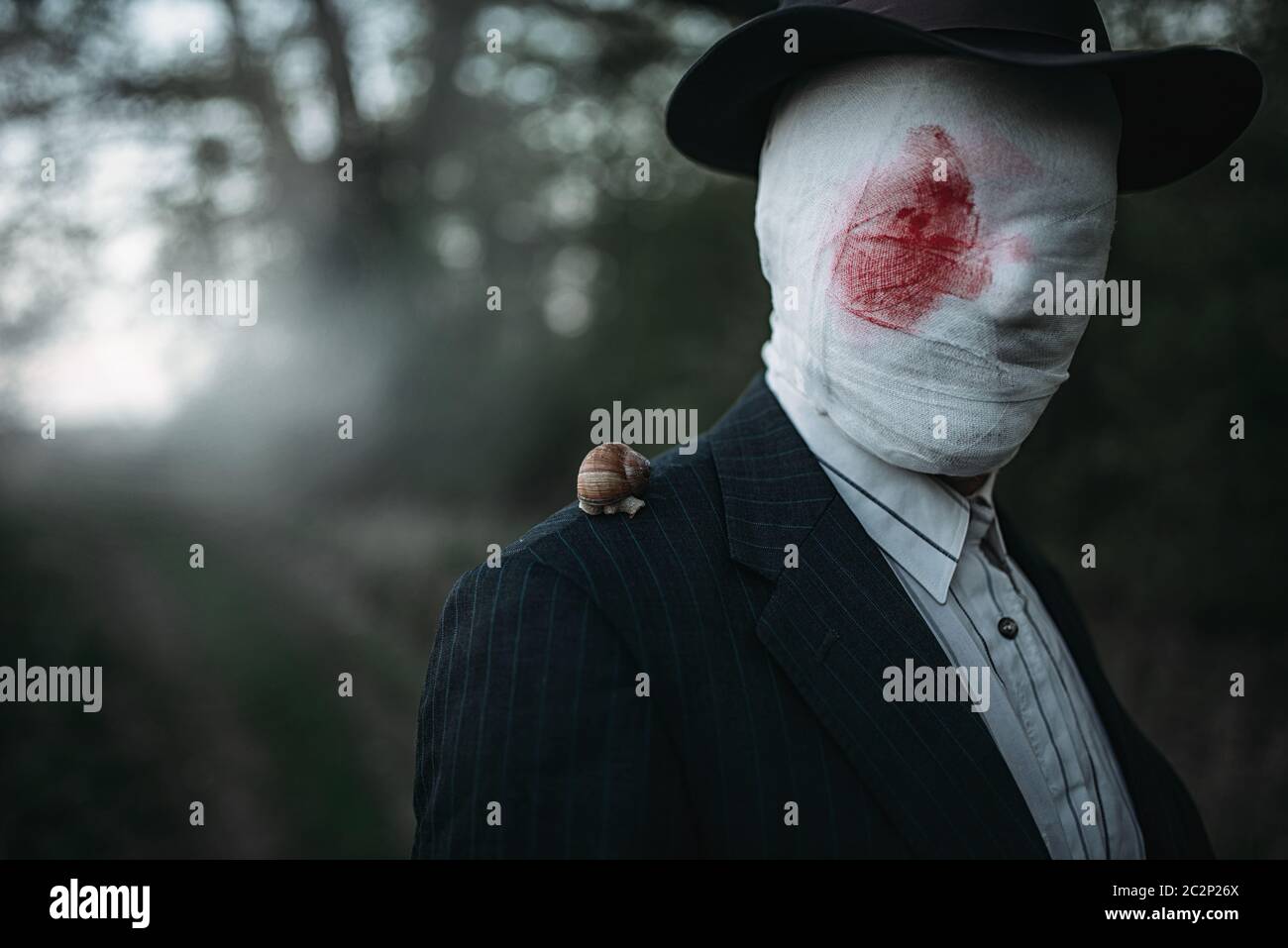 Serial maniac with axe in the forest, face wrapped in bloodied bandages ...