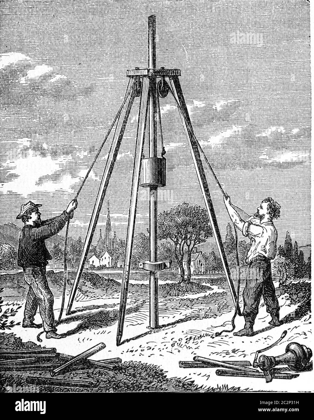 Drilling of wells instant, vintage engraved illustration. Industrial ...