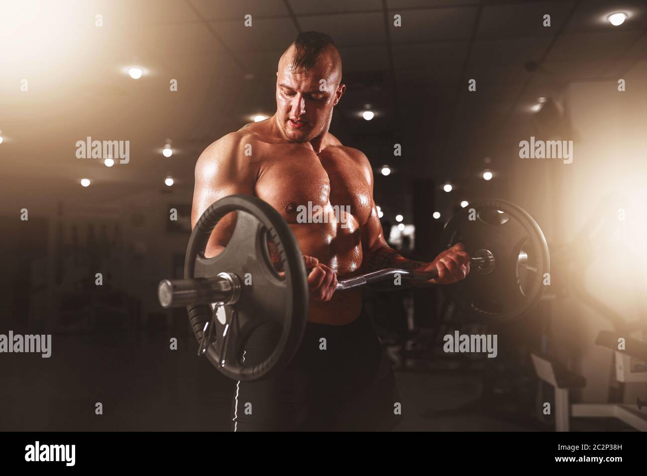 Strong athlete exercise with weight in fit gym. Fitness training with ...