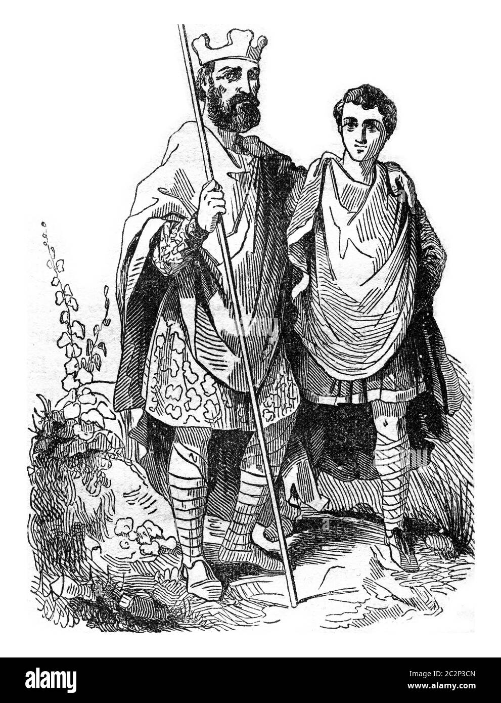 King Edgar and a noble Saxon, vintage engraved illustration. Colorful ...