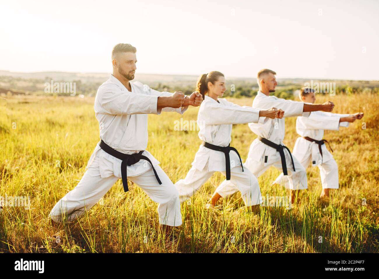 Karate group with master in white kimono, workout in summer field ...