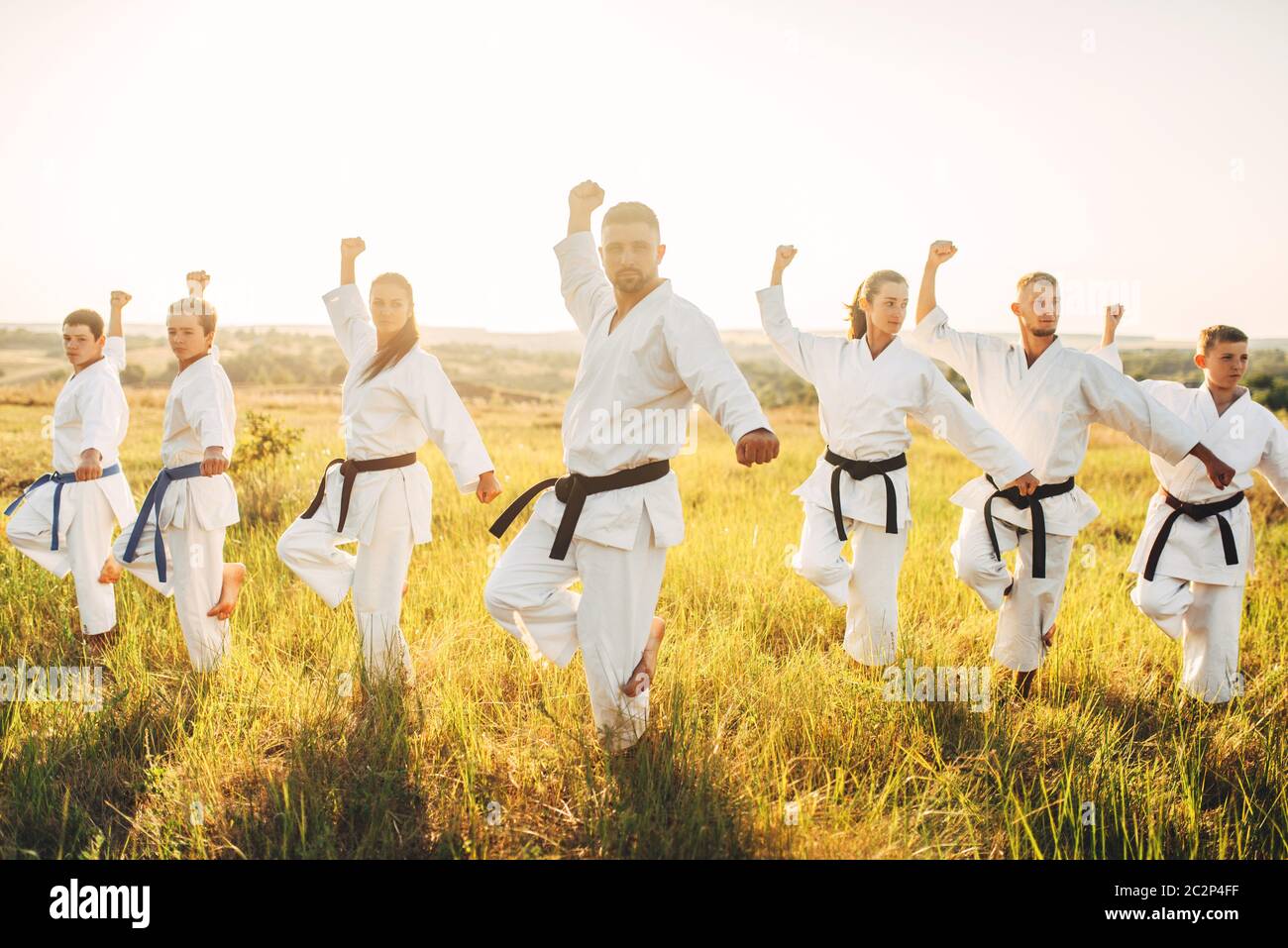 Karate class work out the stand, training in summer field. Martial art ...