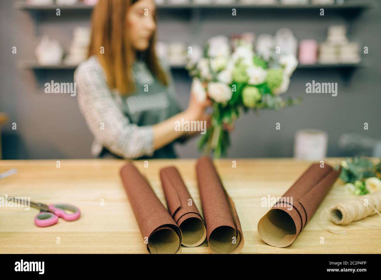 Female florist decorate flower bouquet. Floral business, composition ...