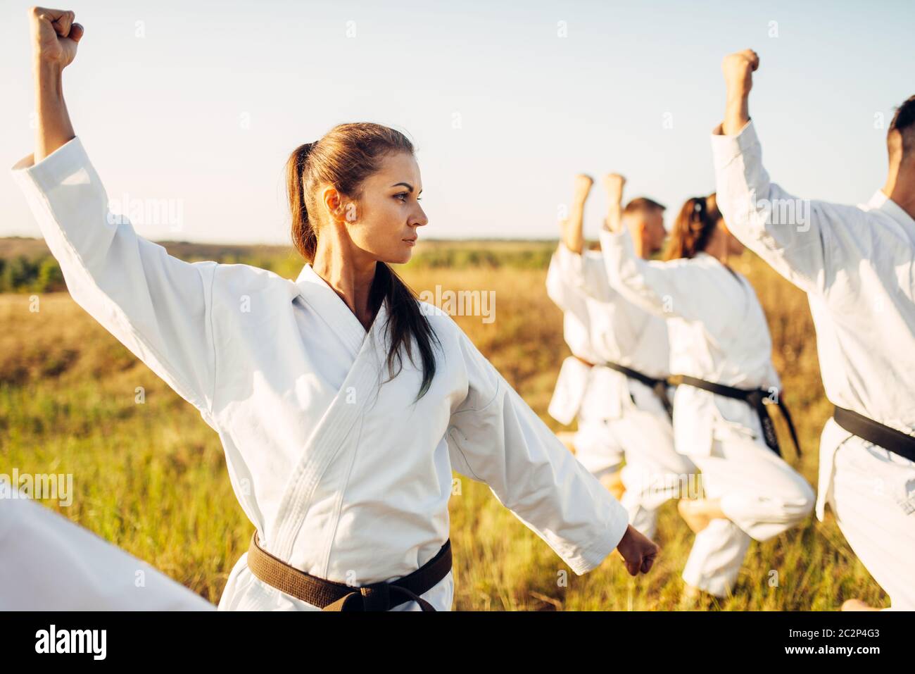Karate group with master in white kimono, workout in summer field ...