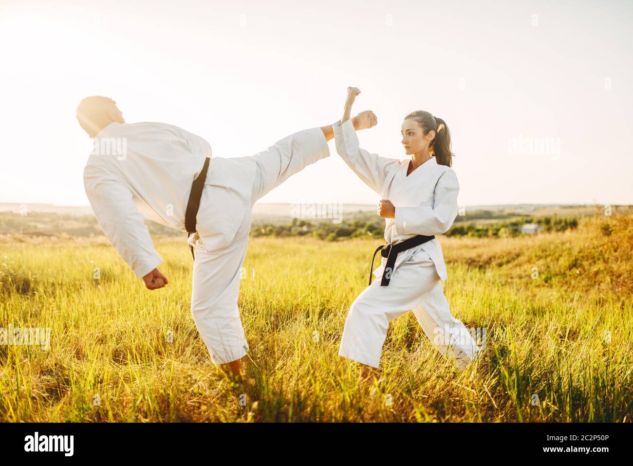 Male and female karate masters with black belts fight in summer field ...