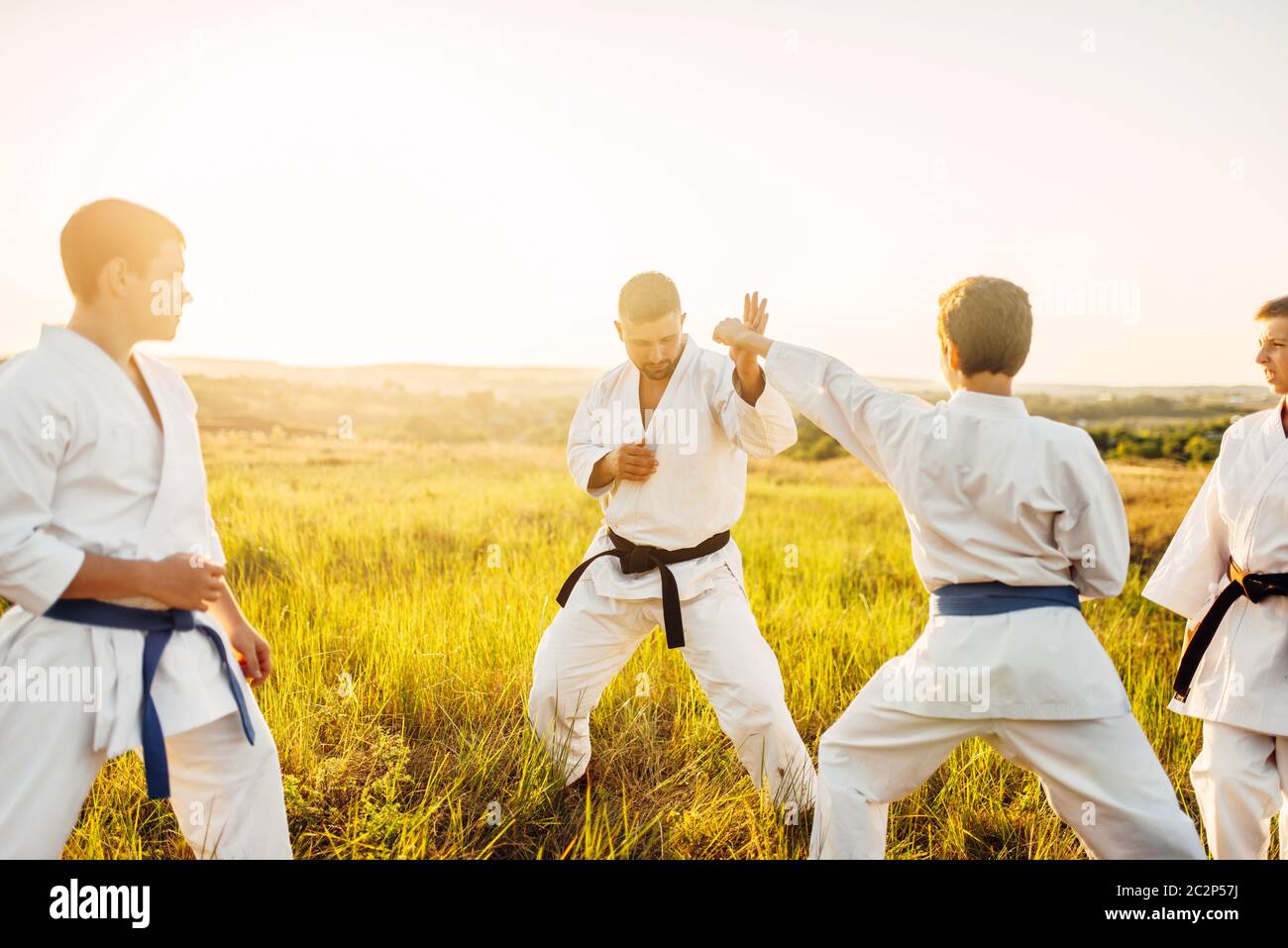 Junior karate fighters with master, combat skill training in summer ...
