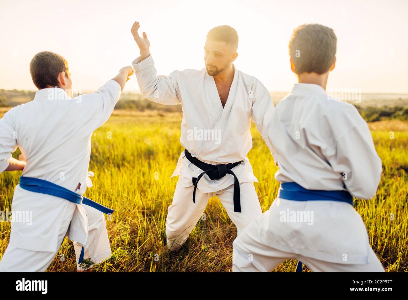 Junior karate fighters with master, combat skill training in summer ...