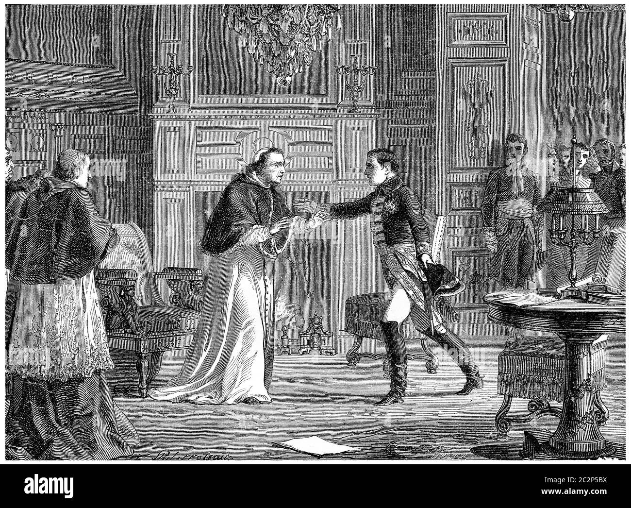 Napoleon visiting Pius VII at Fontainebleau, vintage engraved ...