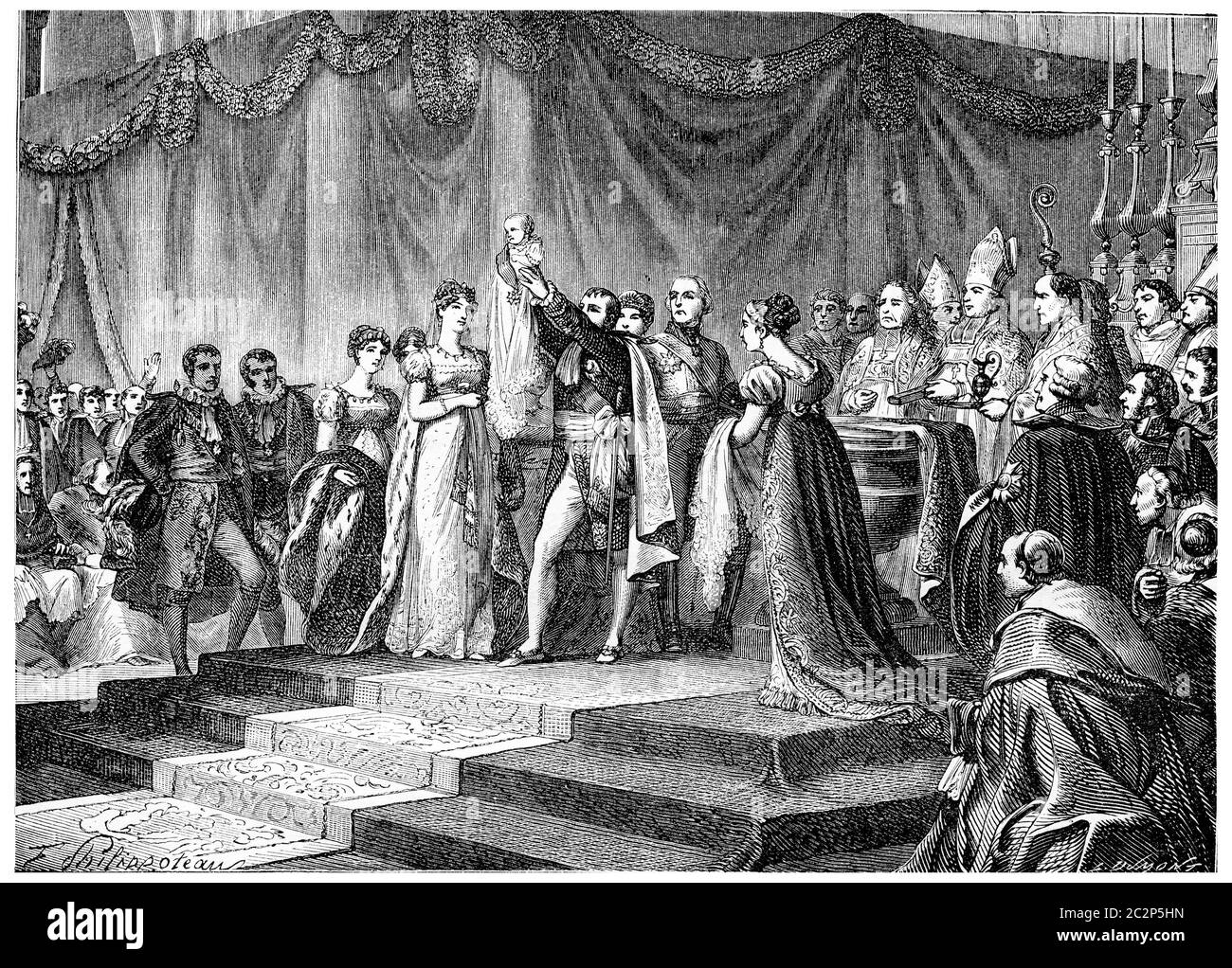 Baptism of the King of Rome, vintage engraved illustration. History of ...
