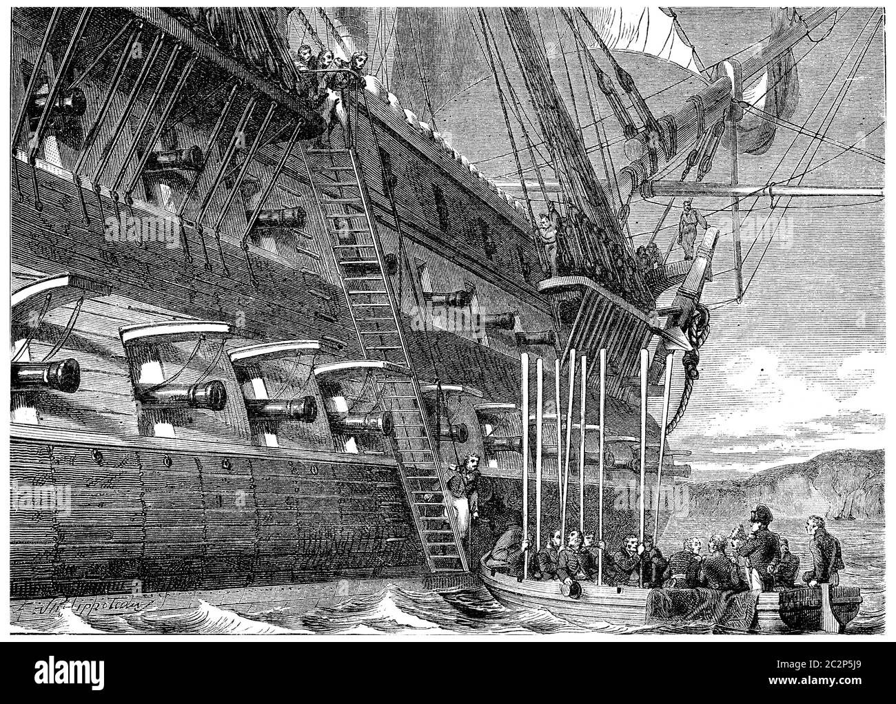 Napoleon surrendering to board the Bellerophon, vintage engraved ...