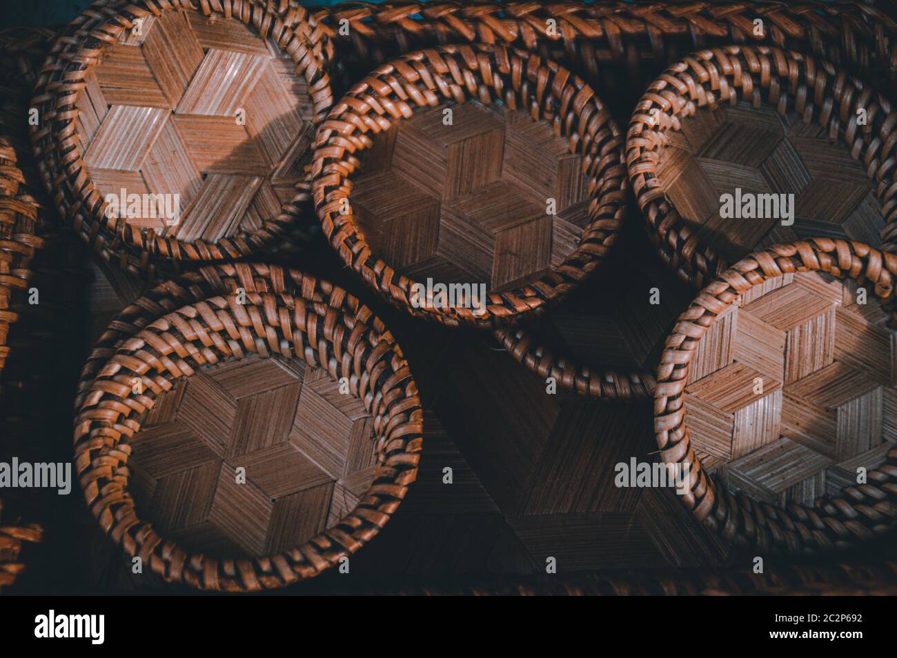 Traditional woven craft sold as souvenirs in the Luang Prabang morning ...