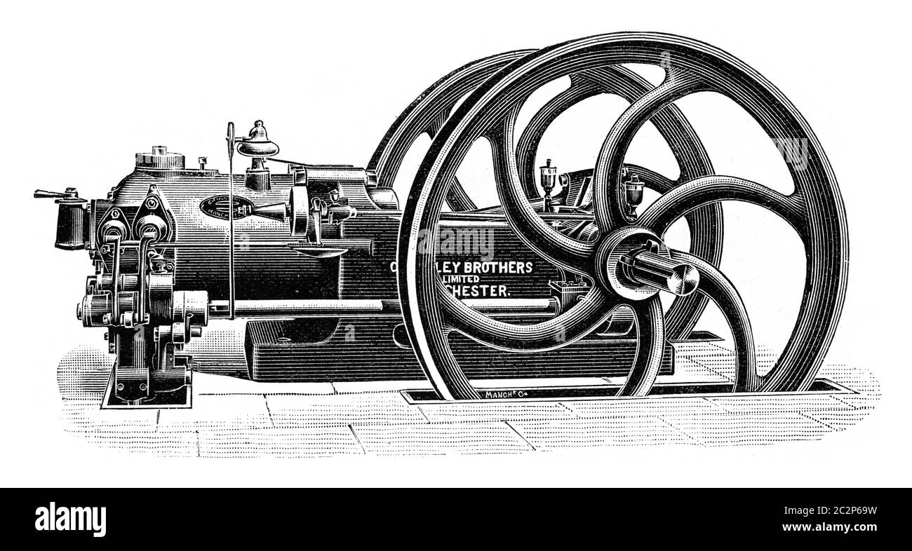 Crossley engine of great power, vintage engraved illustration ...
