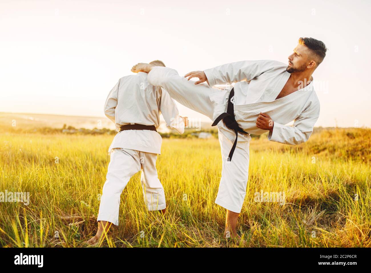 Two karate fighters, kick in the stomach in action, training fight in ...