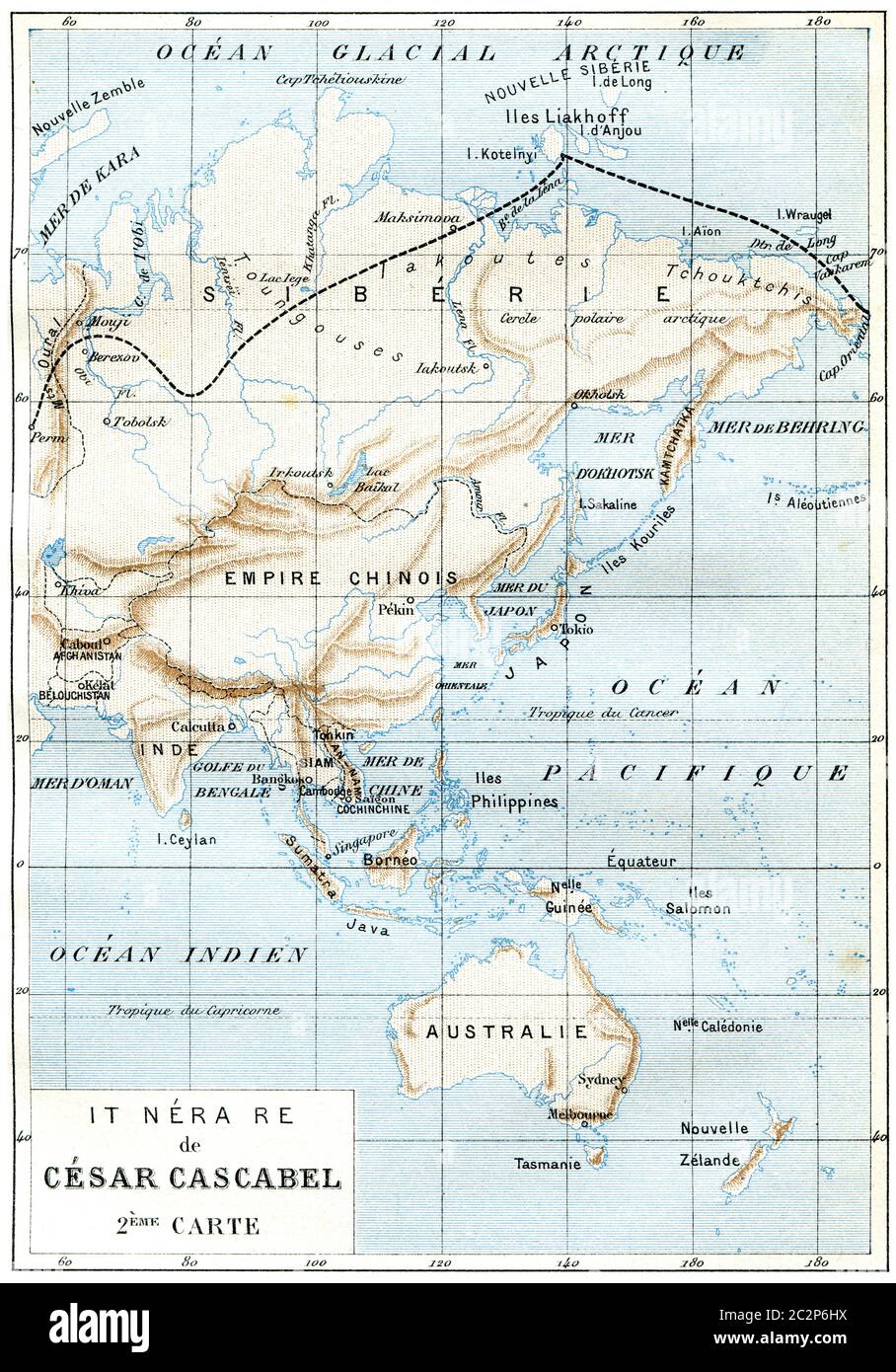 1st Map of Cesar Cascabel, vintage engraved illustration. Jules Verne ...