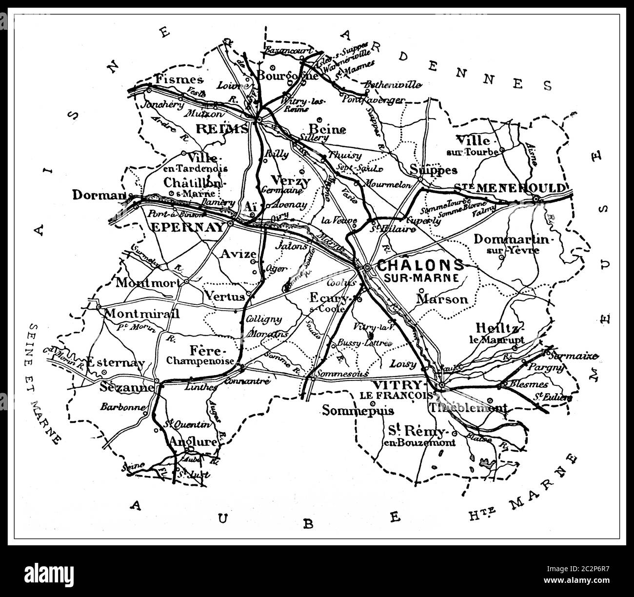 Map of the department of La Marne, vintage engraved illustration ...