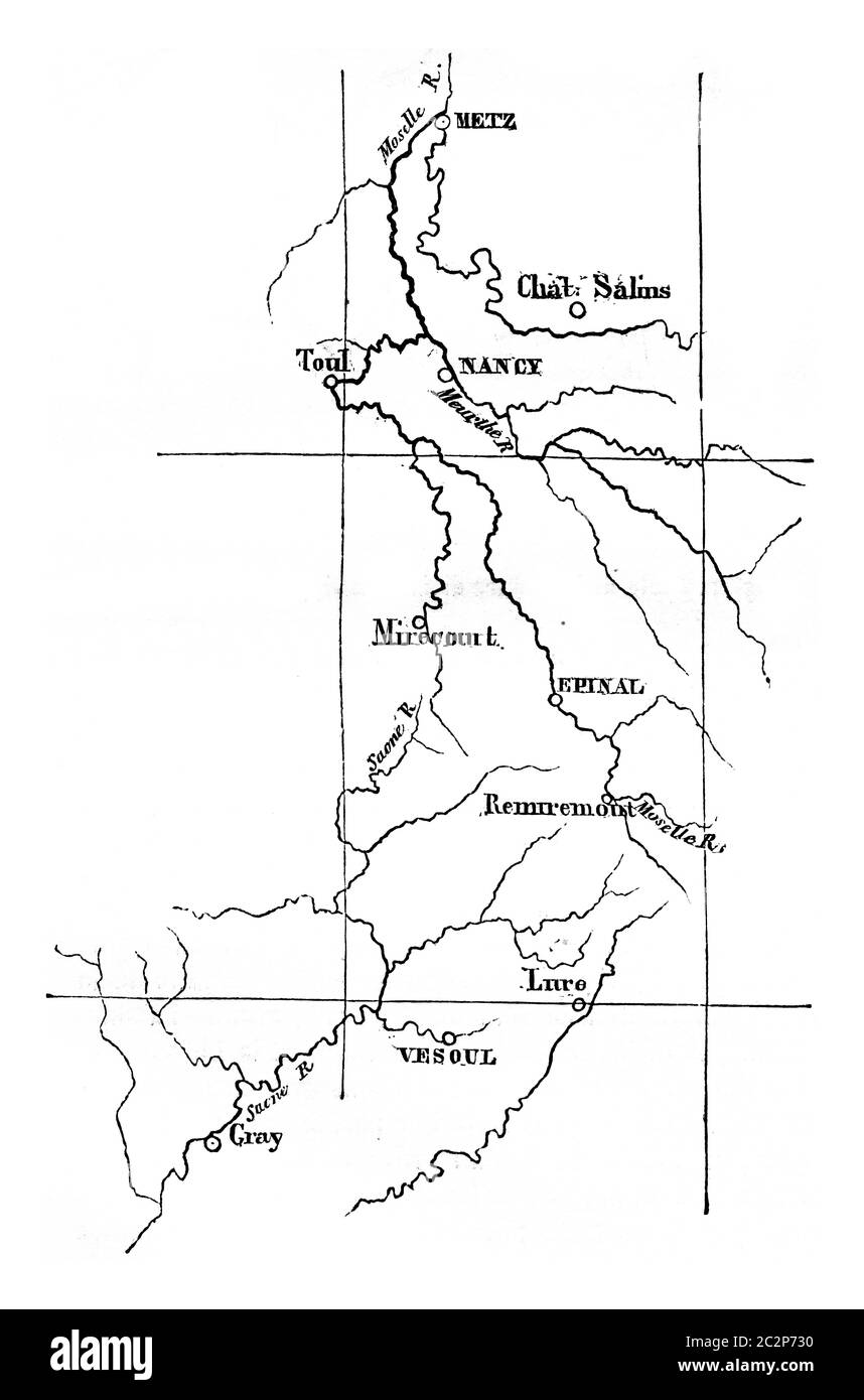 Map of the line drawn between the basins of the Moselle and the Saone ...
