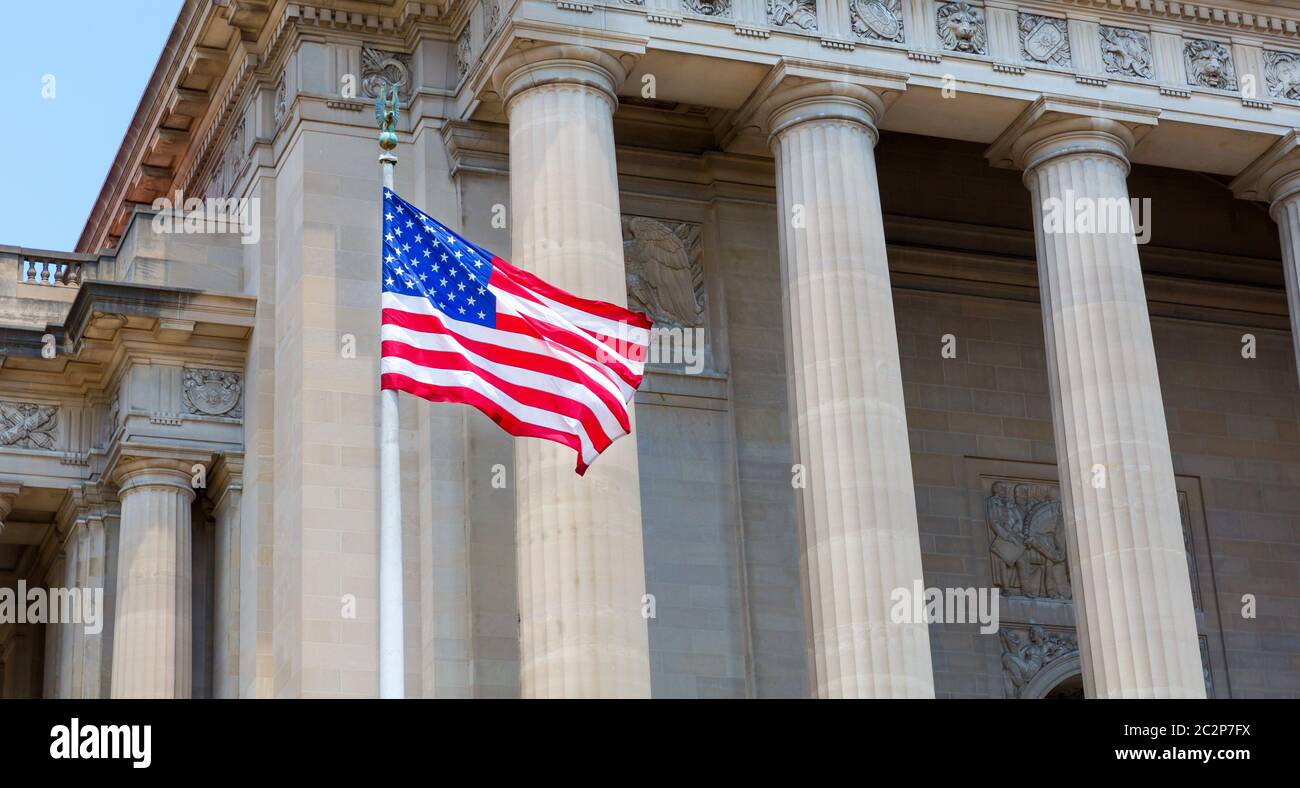 Washington DC Monuments with USA. Flag waving on window Stock Photo - Alamy