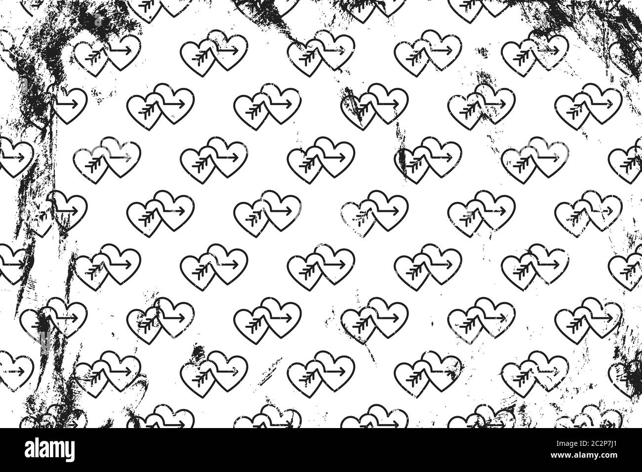 Grunge pattern with line art icons of double cupid hearts. Horizontal ...