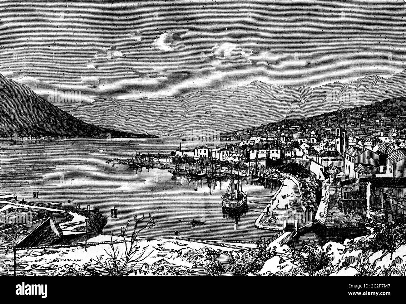 Montenegro. Mouths of Cattaro, vintage engraved illustration. Journal ...