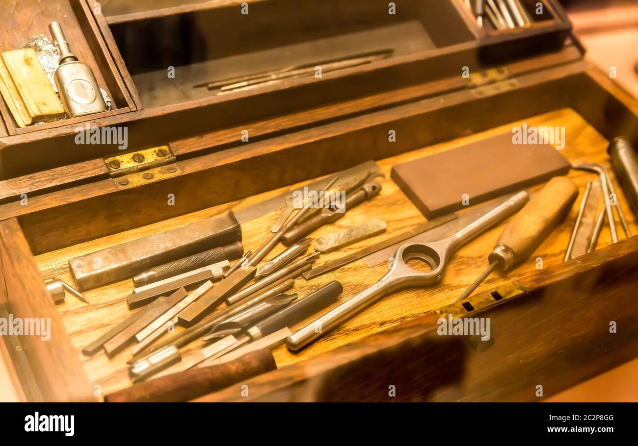Old tools wooden box hi-res stock photography and images - Alamy
