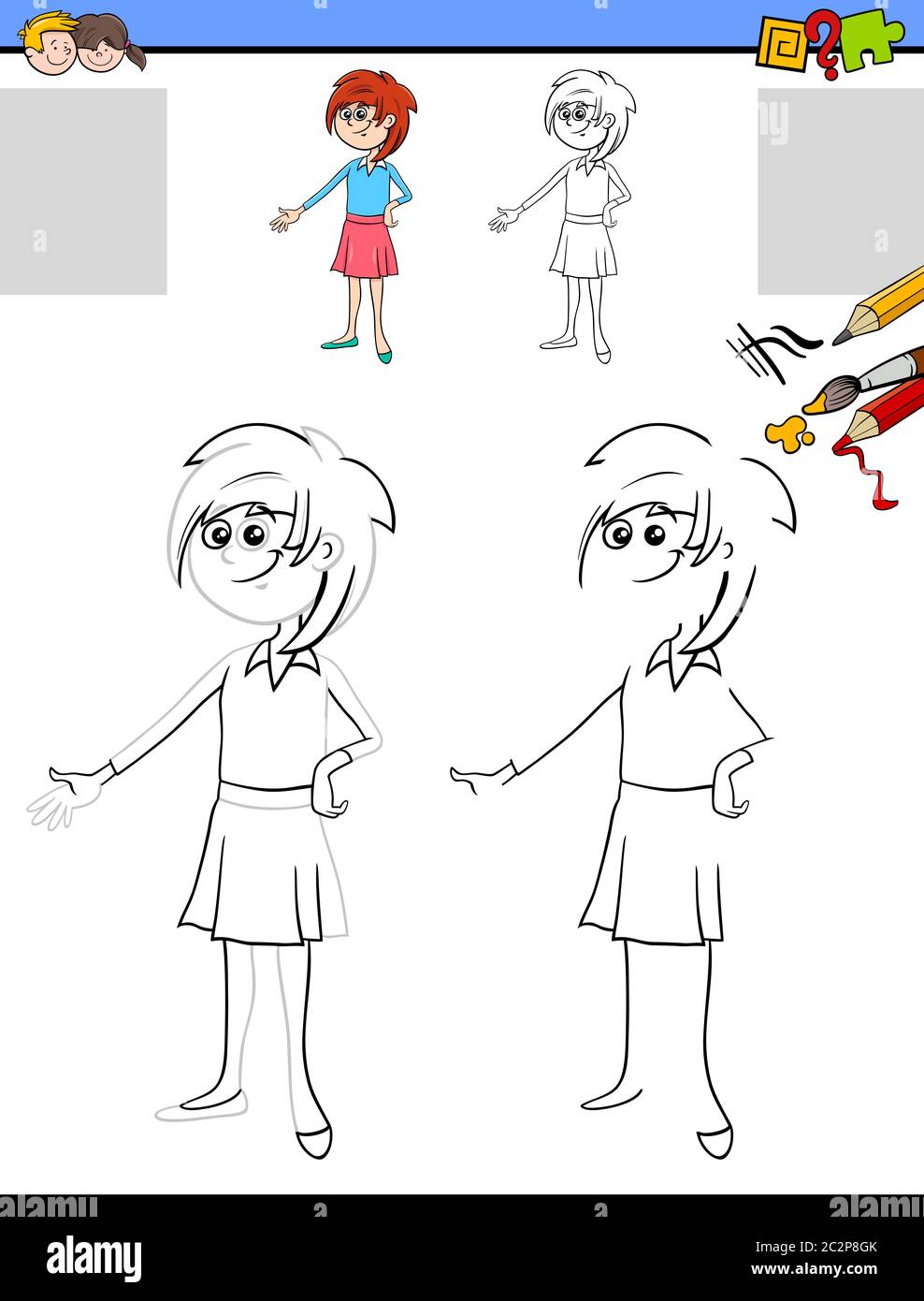 drawing and coloring worksheet with teen girl Stock Photo - Alamy