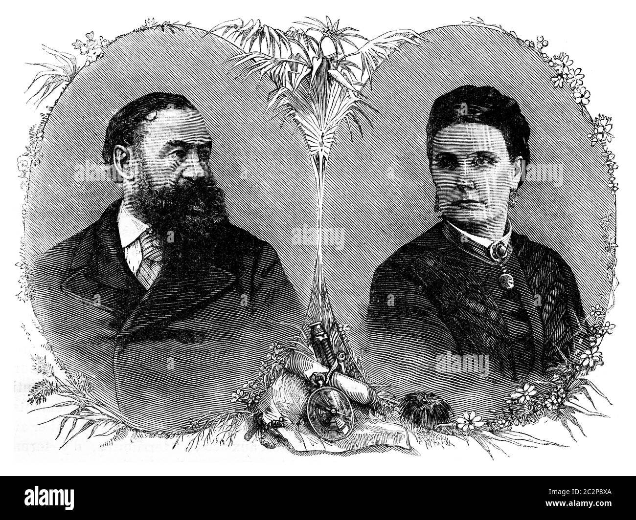 Portraits of Sir Samuel and Lady Baker, vintage engraved illustration ...